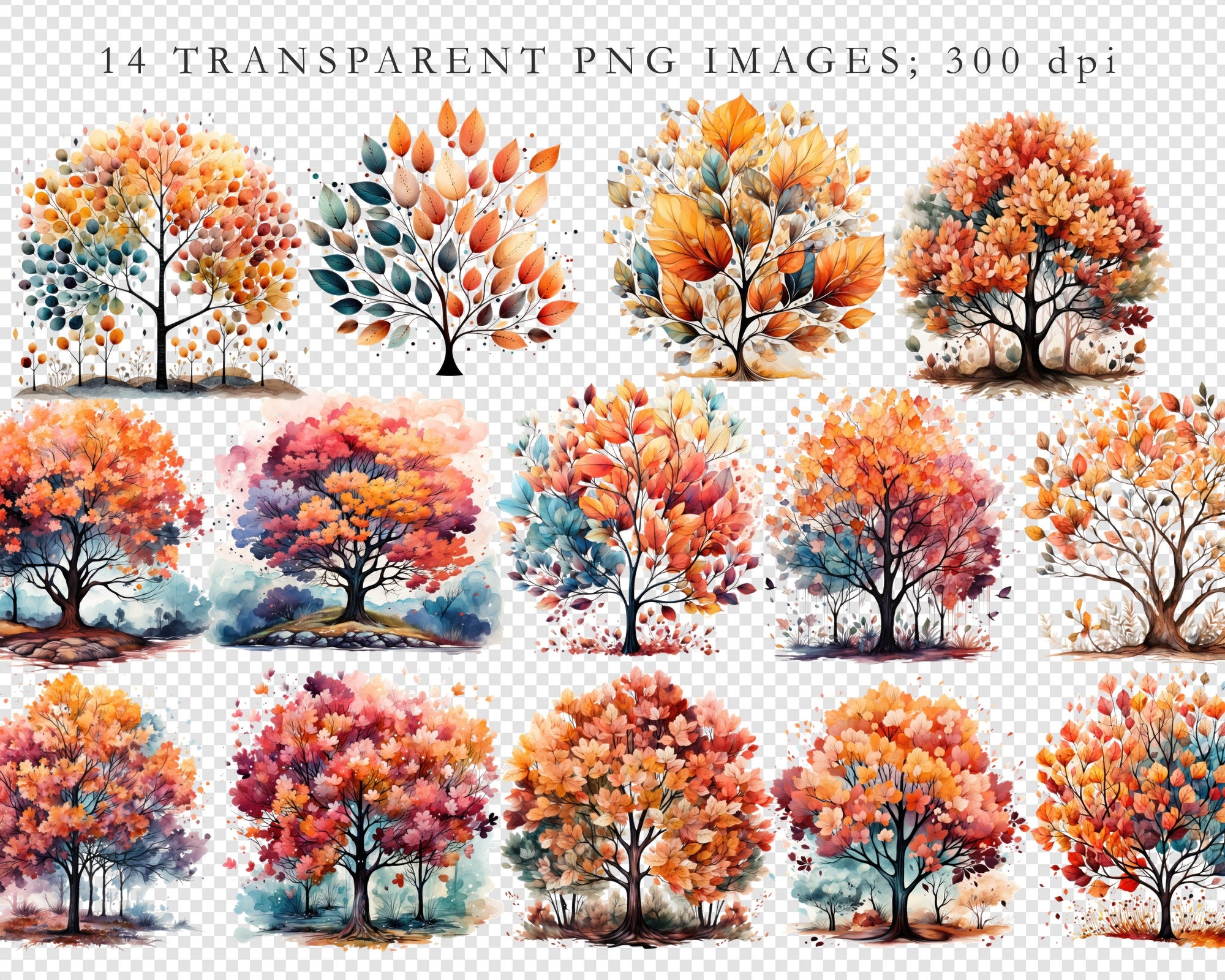 Autumn Trees Clipart, Tree Pngs, Colorful Trees, Pink, Teal, Orange ...