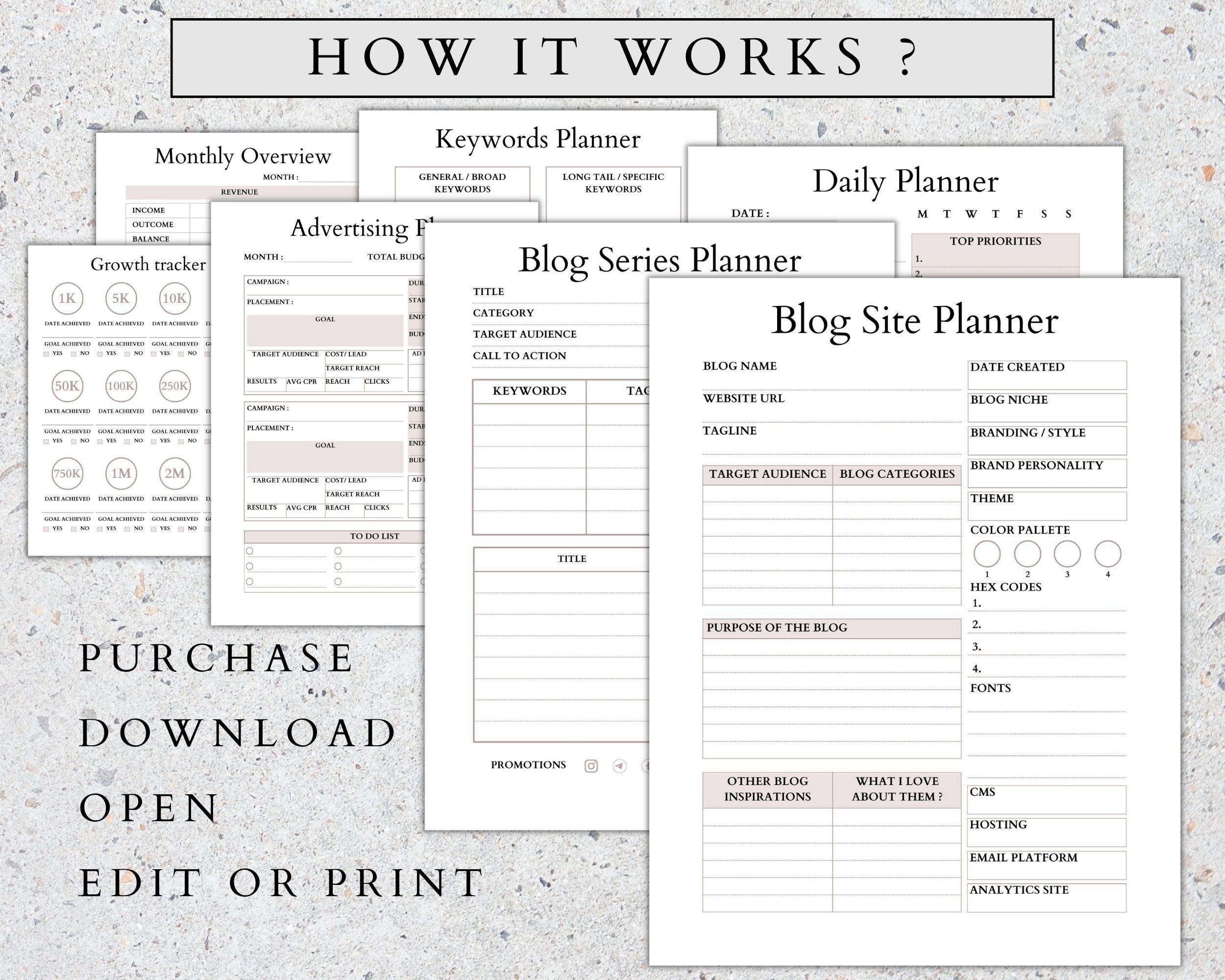 Blog Planner PDF Printable Website Planner Digital Blogging Planner Pages Monthly Content ...