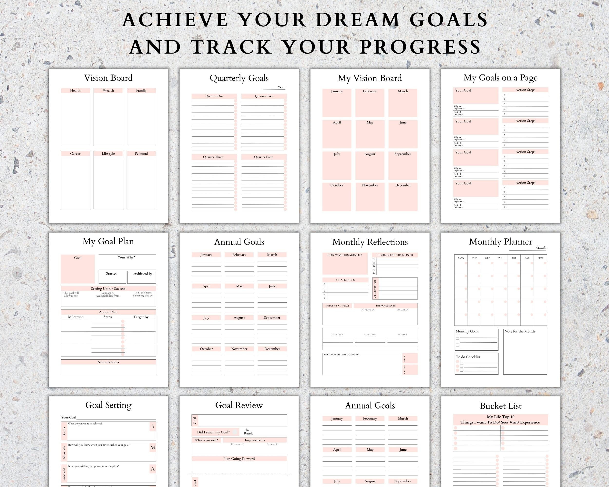 SMART Goal Planner Bundle: Vision Board, Monthly Reflections (printable ...