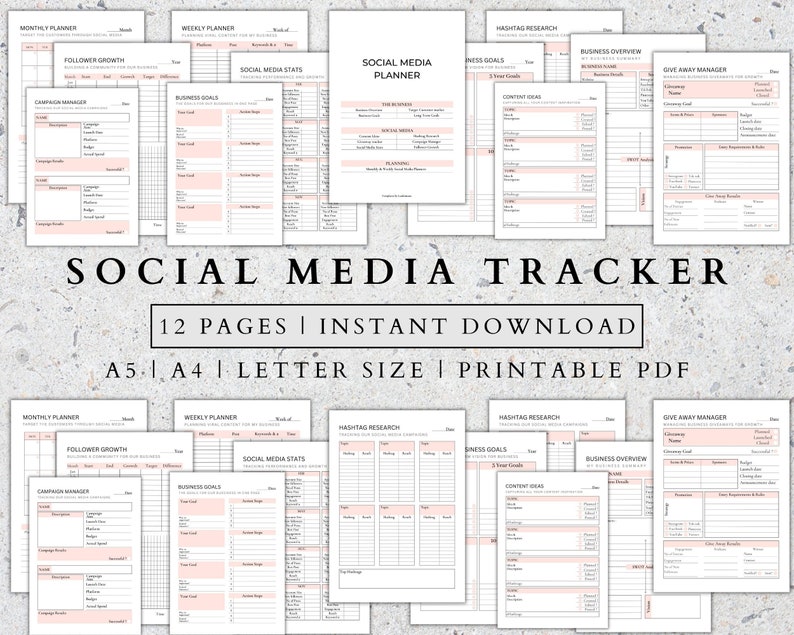 Social Media Planner Printable: Marketing, Content, Follower Tracker ...