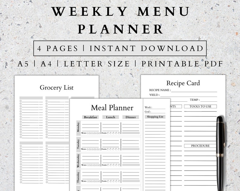 Weekly Menu Planner Printable | Weight Loss | Grocery List | Fitness ...