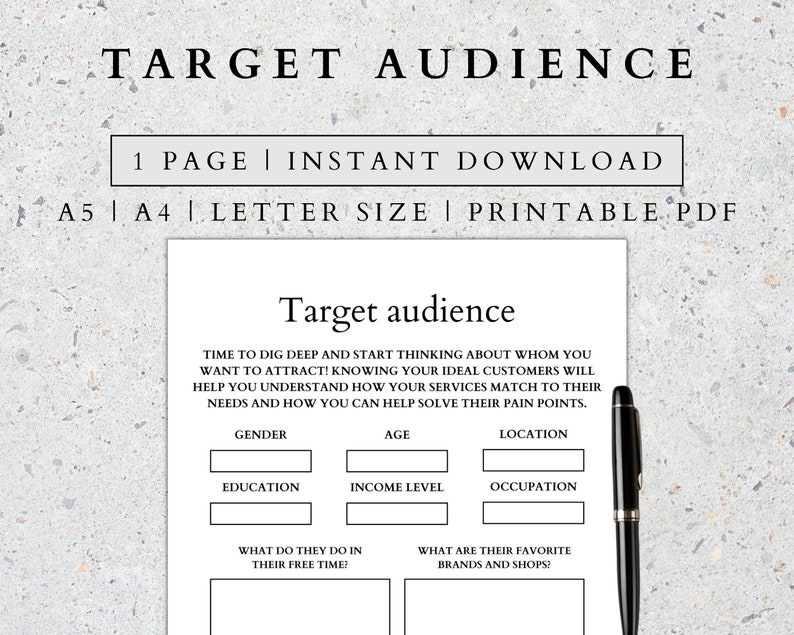 Target Audience Printable | Digital Business Strategy | Target Market ...
