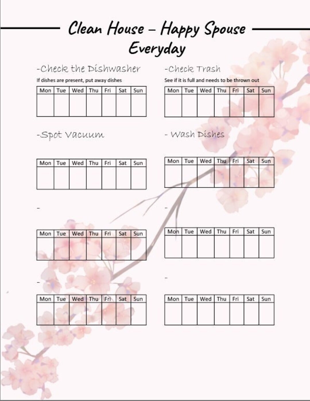 Sakura Cleaning/chore Chart Printable Digital Download 8.5x11 - Etsy UK
