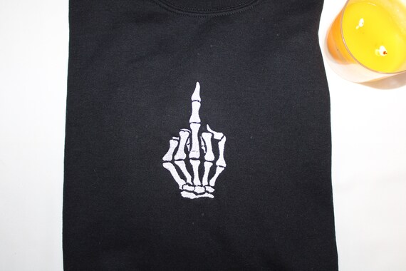 Skeleton Middle Finger Machine Embroidery Crewneck - Etsy