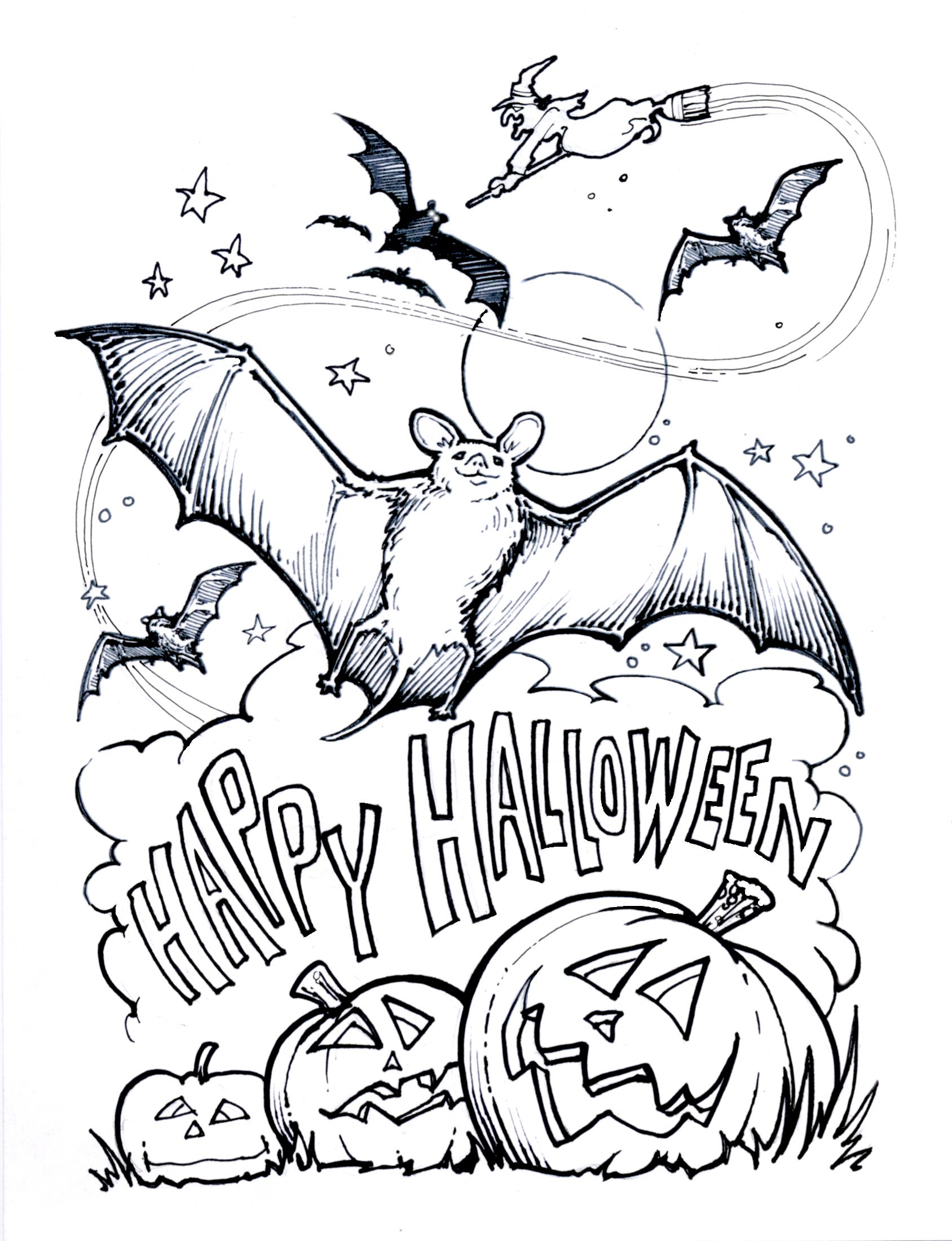 Halloween Coloring Page Digital Download, Bats, Pumpkins, Color, Trick ...