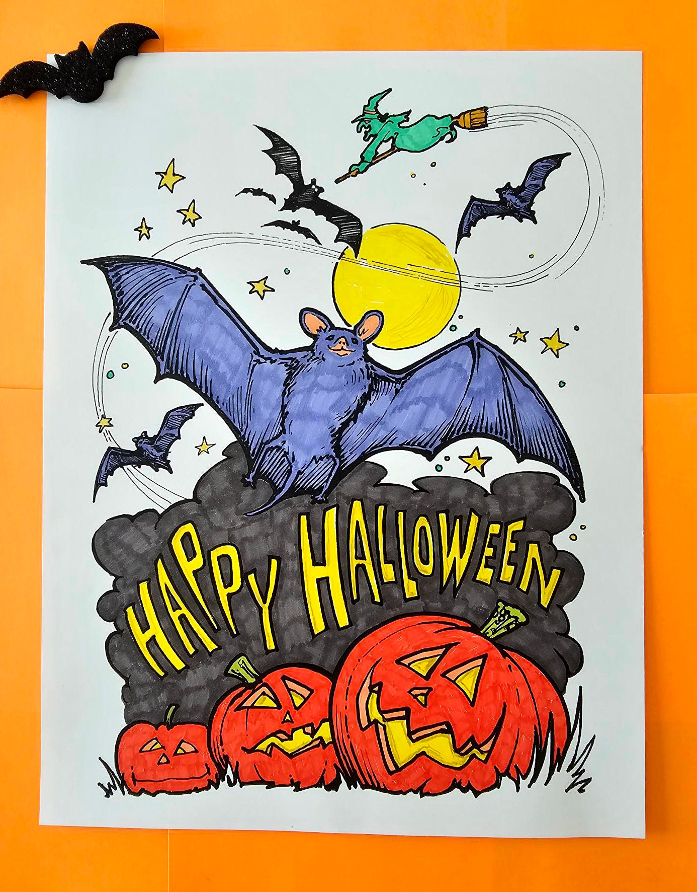 Halloween Coloring Page Digital Download, Bats, Pumpkins, Color, Trick ...