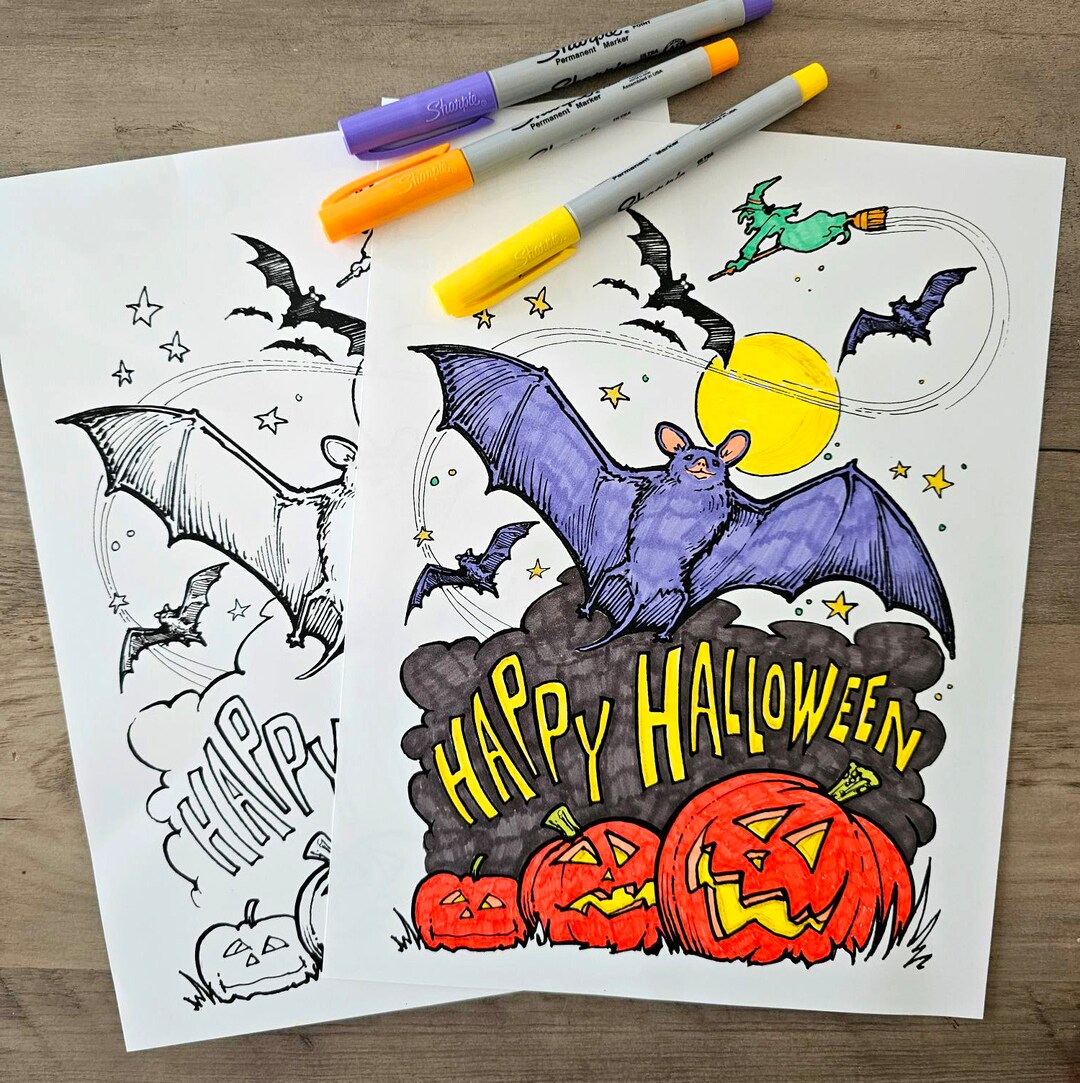 Halloween Coloring Page Digital Download, Bats, Pumpkins, Color, Trick ...
