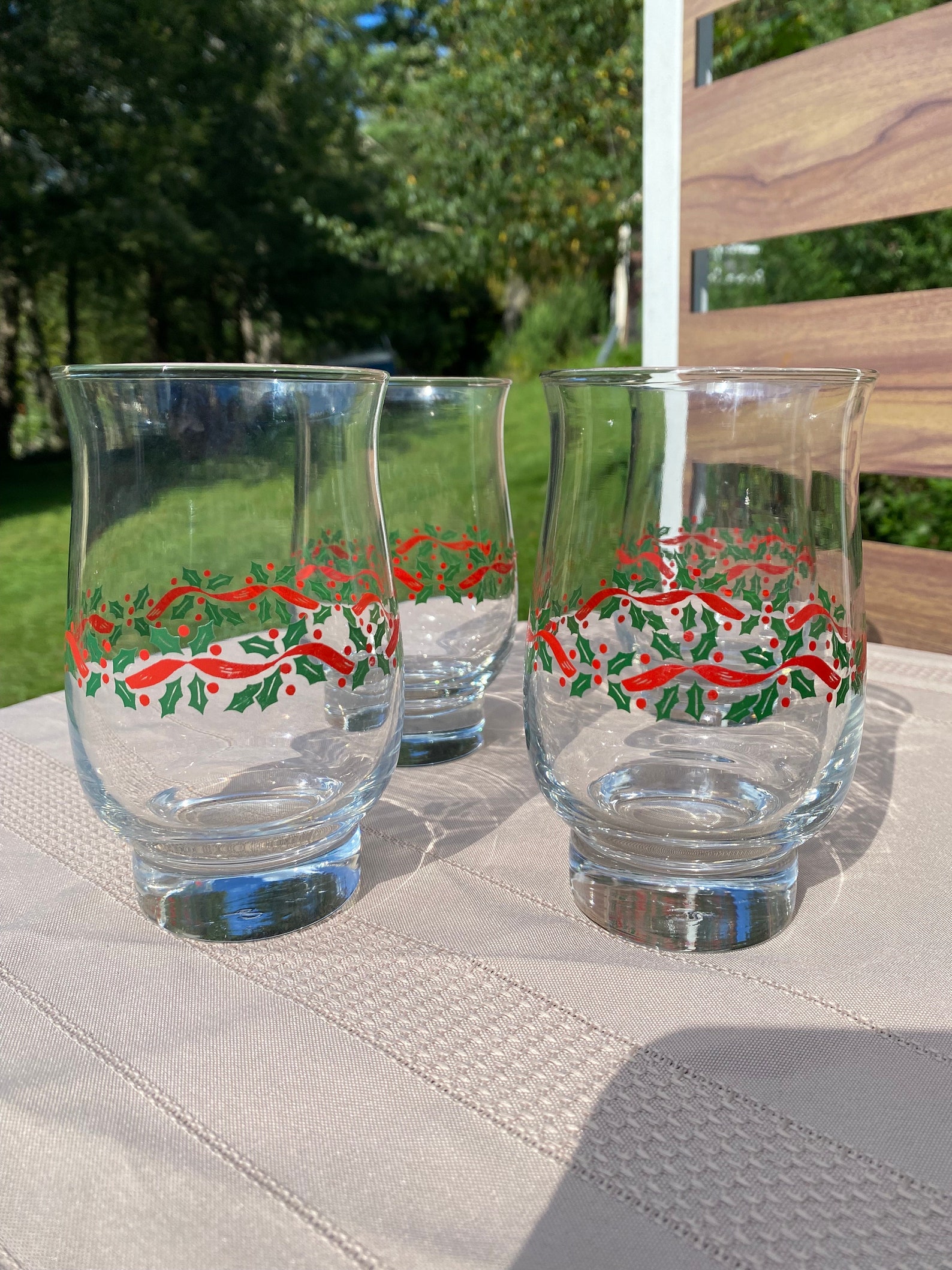 Vintage Holly Berry With Red Ribbon Hurricane Glass Set of 4 Holiday ...