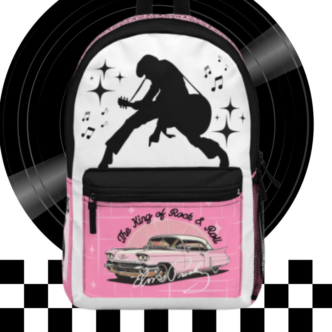 Elvis Backpack, Retro Pink Cadillac Fan Gift, Presley Travel Bag, Music ...