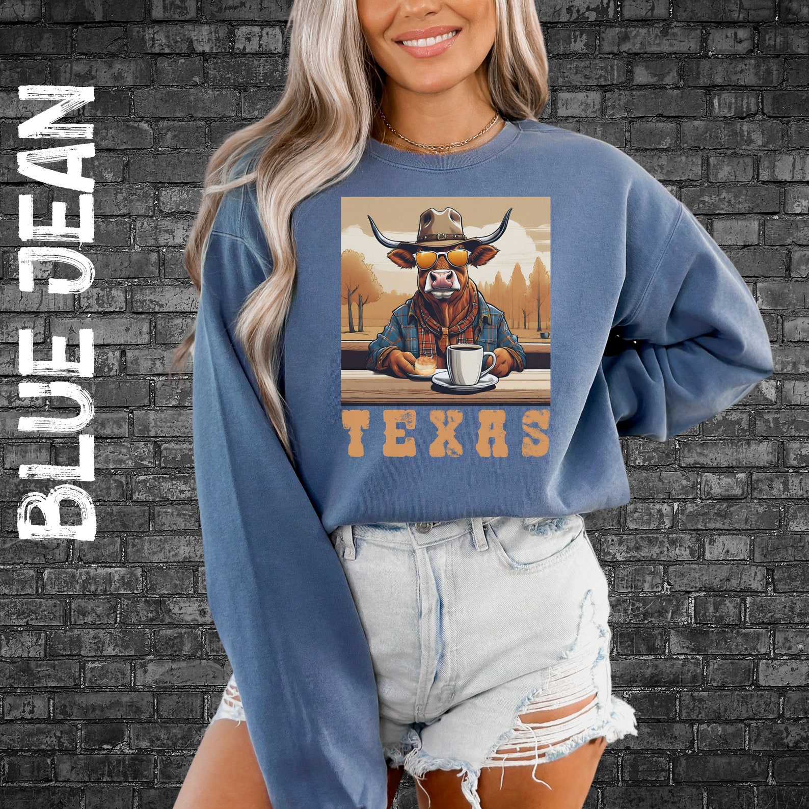Texas Coffee Drinking Cow Comfort Colors Sweatshirt, Texas Pullover ...