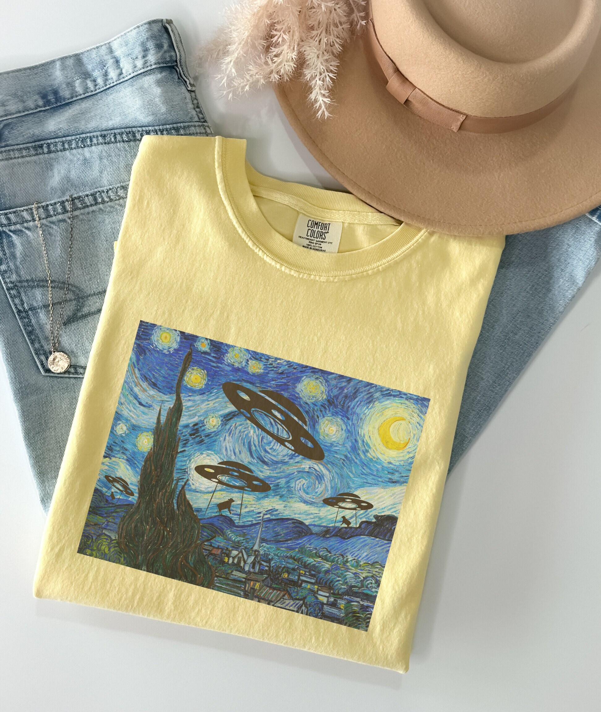 Starry Night Alien Cow Abduction Unisex Comfort Colors Shirt, Alien ...