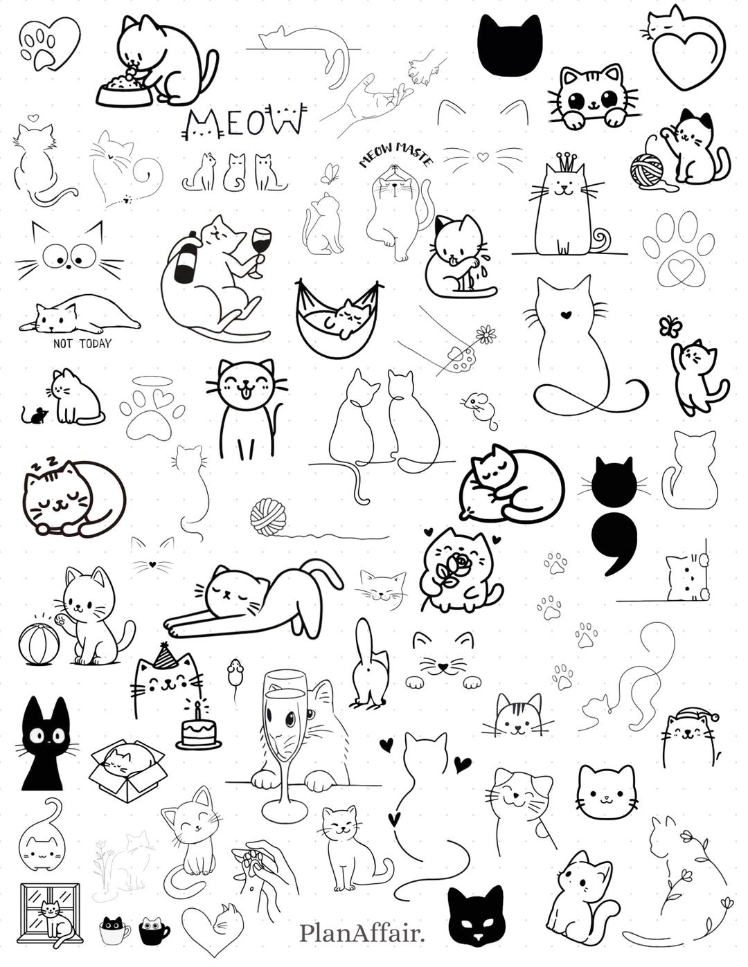 Minimalist Line Art Stickers 75 Cats – Black and White Digital Stickers ...