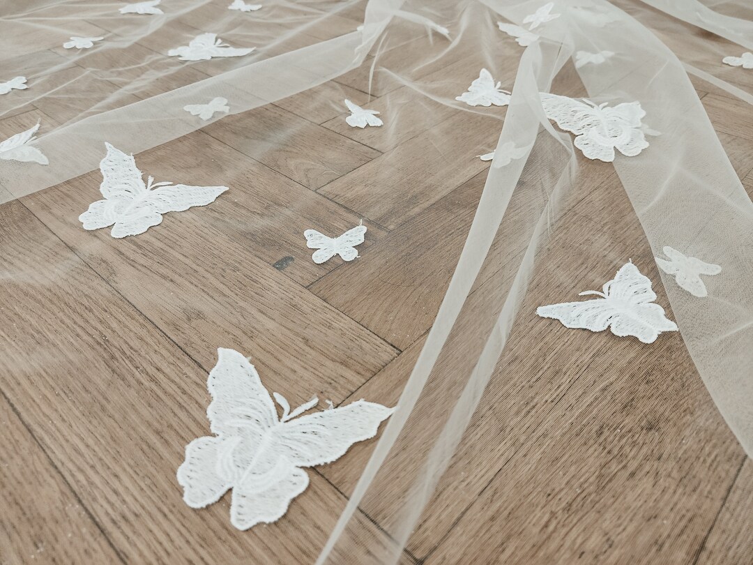 3D Butterflies Veil Ivory Long Floral Bridal Veil Lace Dome Veil Long ...