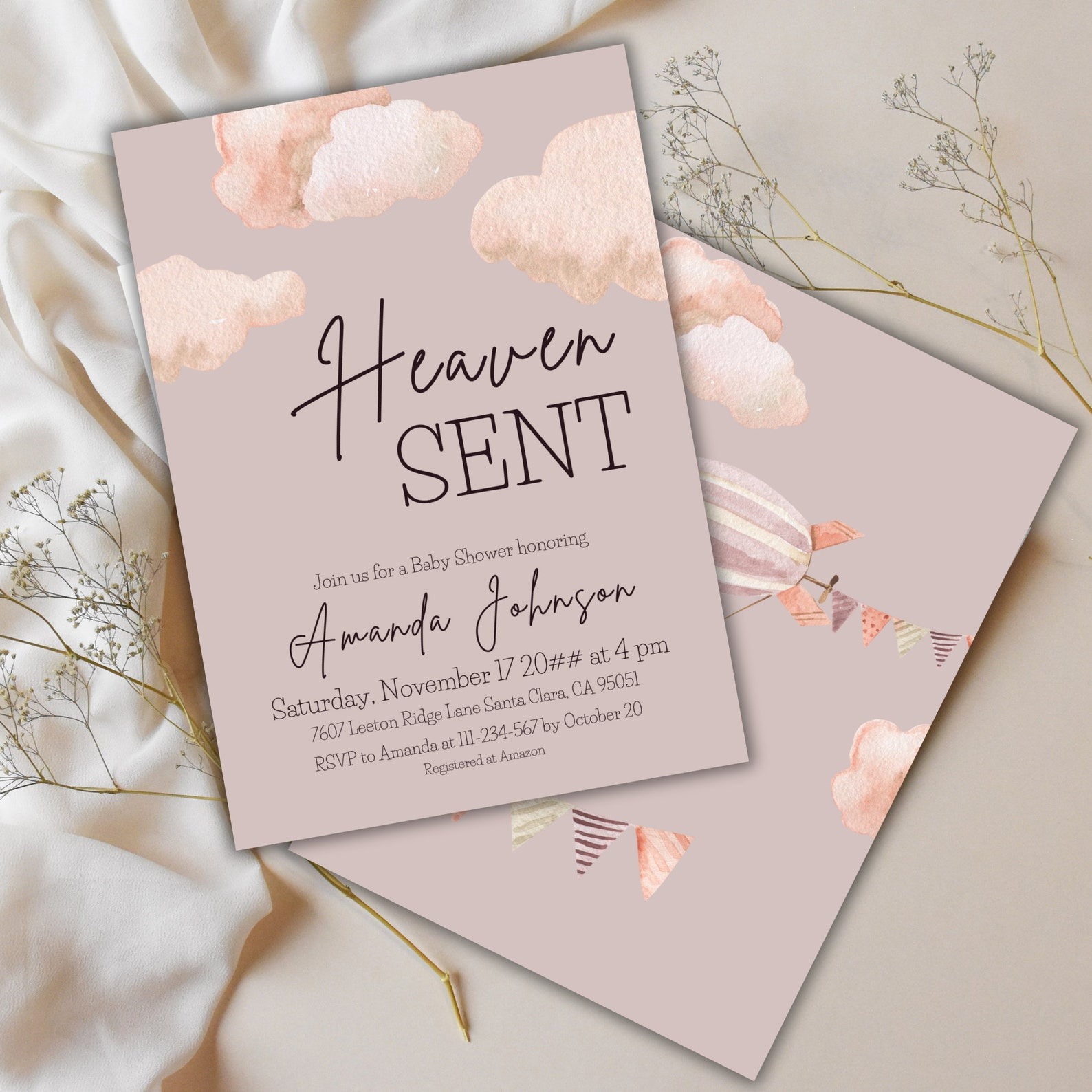 Dreamy Heaven Sent Baby Shower Invitation Digital, Gender Neutral Beige ...