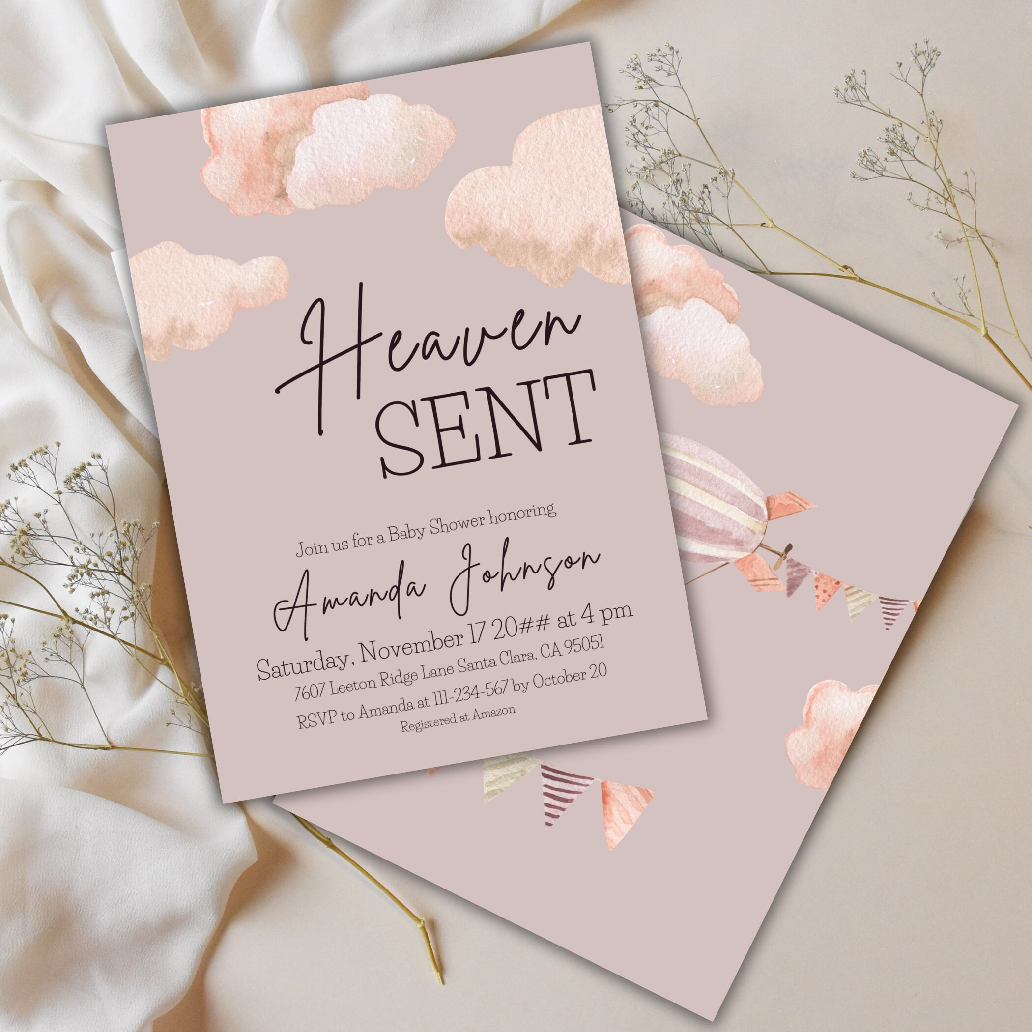 Dreamy Heaven Sent Baby Shower Invitation Digital, Gender Neutral Beige ...