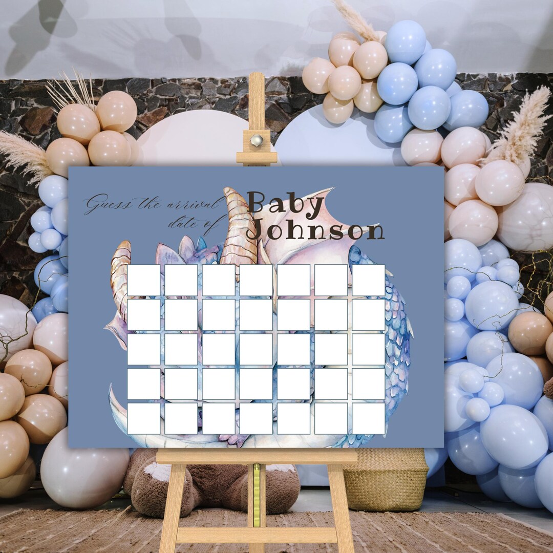 Blue Dragon Baby Shower Due Date Sign Boy Fairytale Theme Game Poster ...