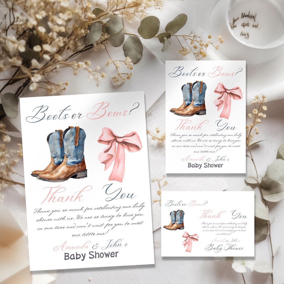 Boots or Bows Gender Reveal Thank You Card (digital Template) - Etsy