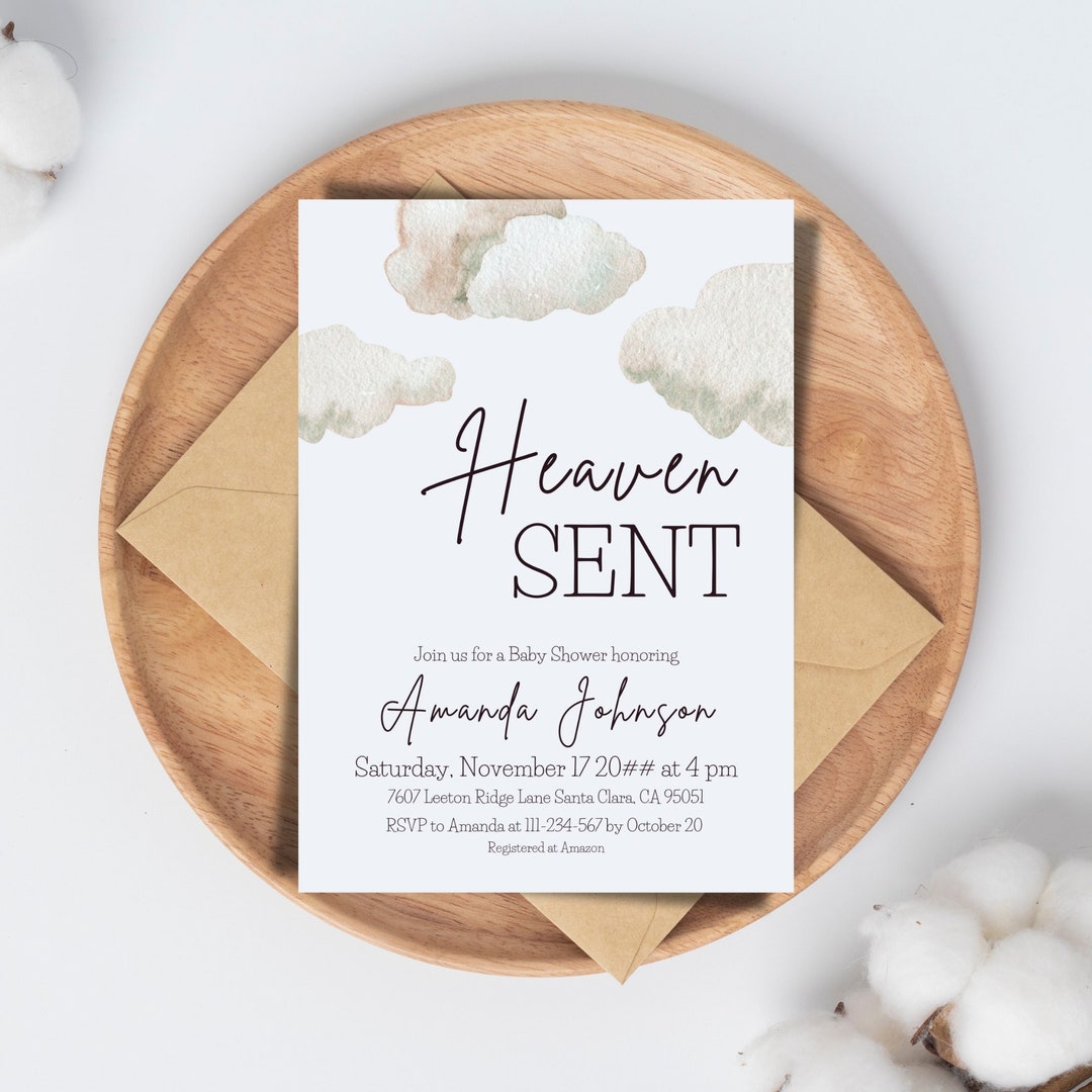 Heaven Sent Baby Shower Invitation Boy Blue Cloud 9 Invite Digital ...
