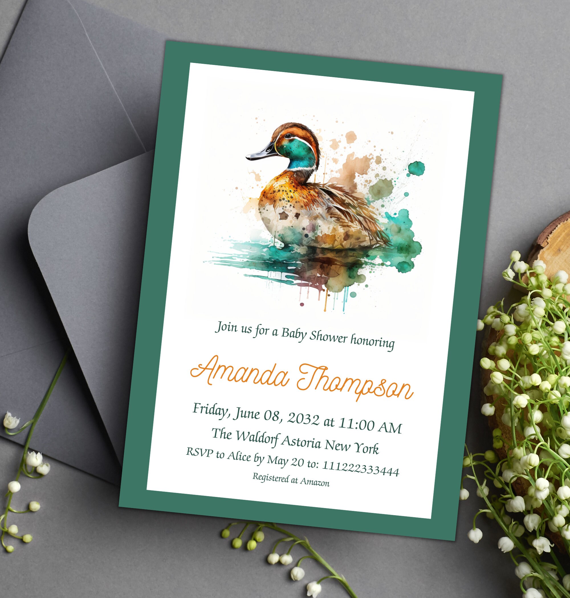 Green Framed Mallard Duck Baby Shower Invitation Canva Template, Duck ...