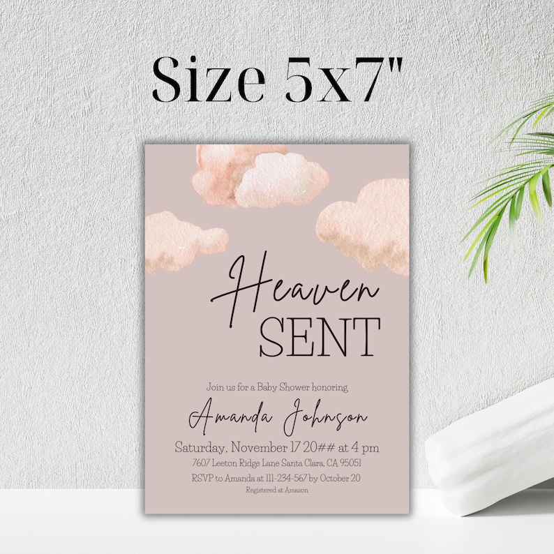 Dreamy Heaven Sent Baby Shower Invitation Digital, Gender Neutral Beige ...