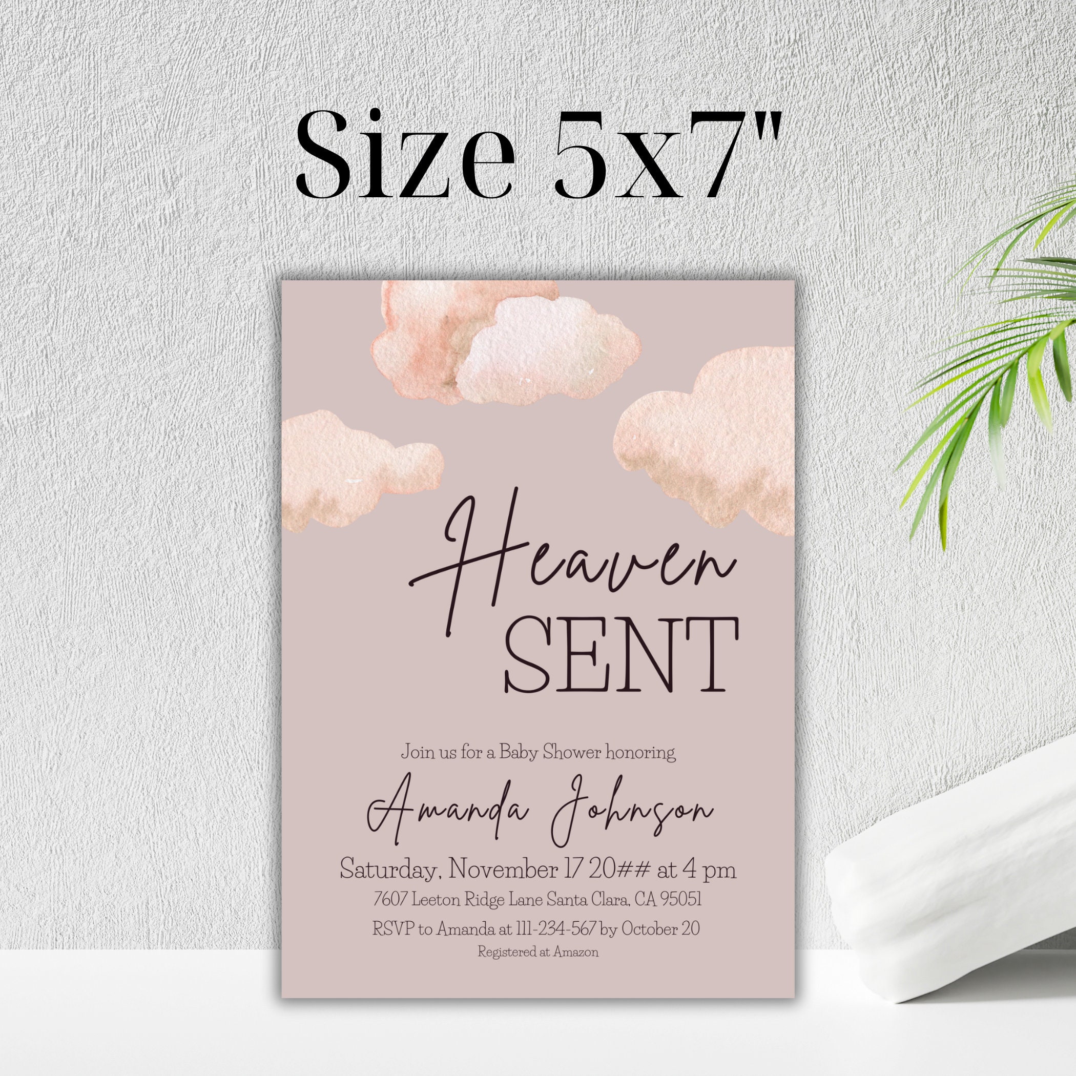 Dreamy Heaven Sent Baby Shower Invitation Digital, Gender Neutral Beige ...