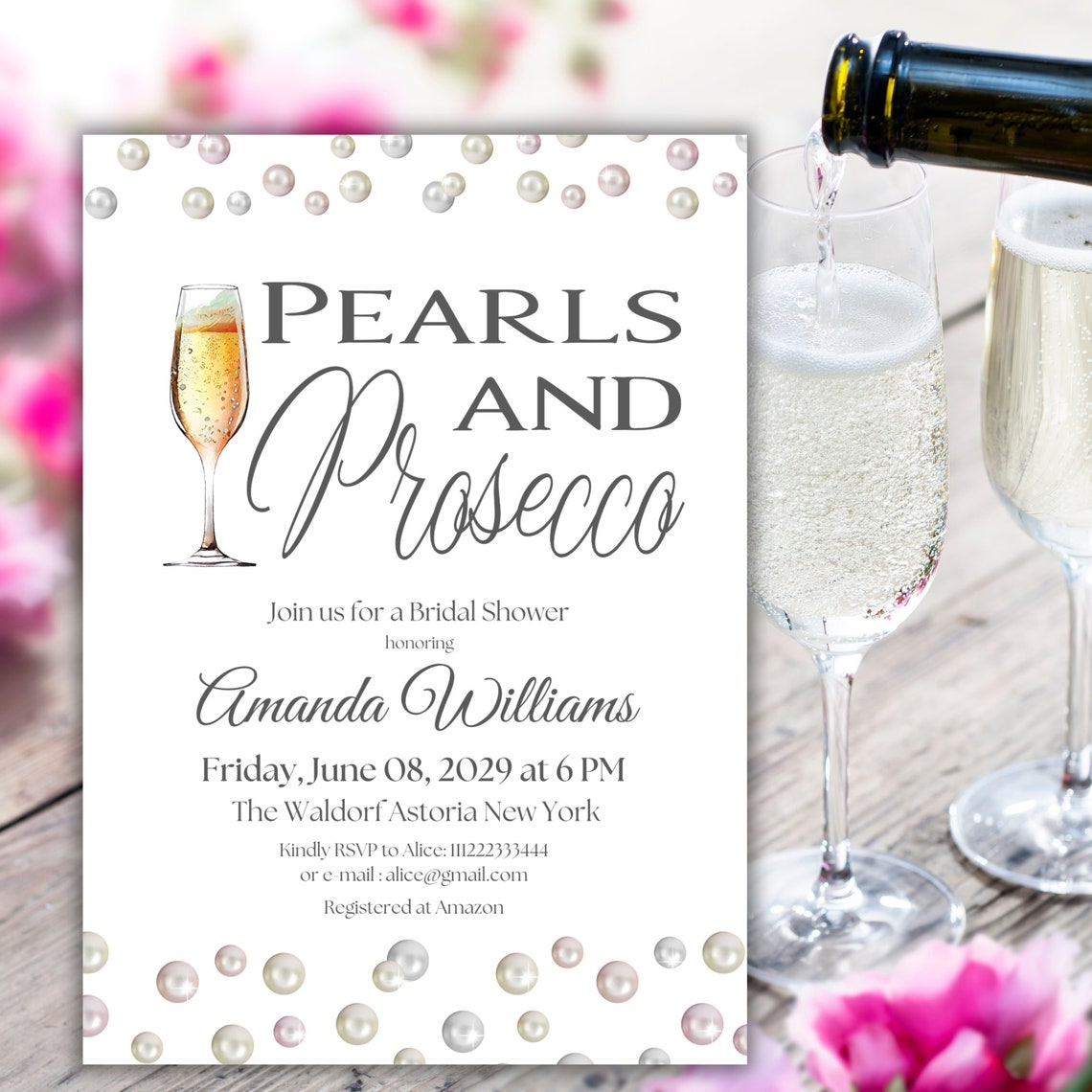 Retro Pearls and Prosecco Bridal Shower Invitation Editable Template ...