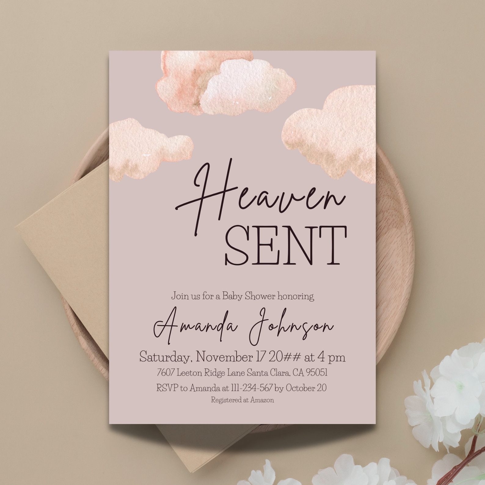 Dreamy Heaven Sent Baby Shower Invitation Digital, Gender Neutral Beige ...