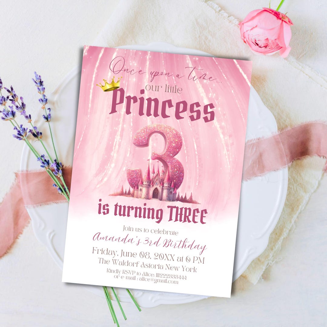 Princess 3rd Birthday Invitation Digital Pink Castle Enchanted Third ...