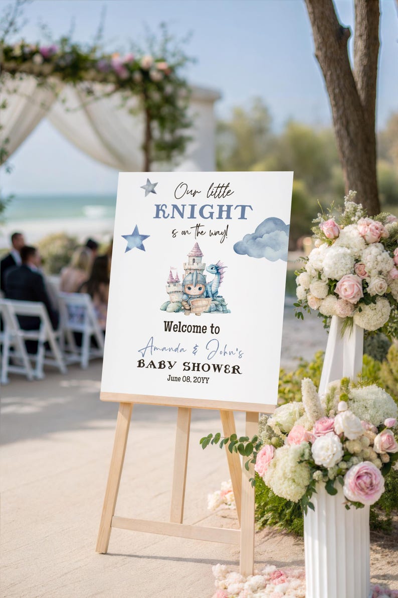 Fairy Tale Boy Baby Shower Welcome Sign Knight Blue Mythical Dragon ...