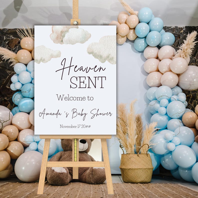 Heaven Sent Baby Shower Welcome Sign Digital Template, Cloud Nine Sky ...