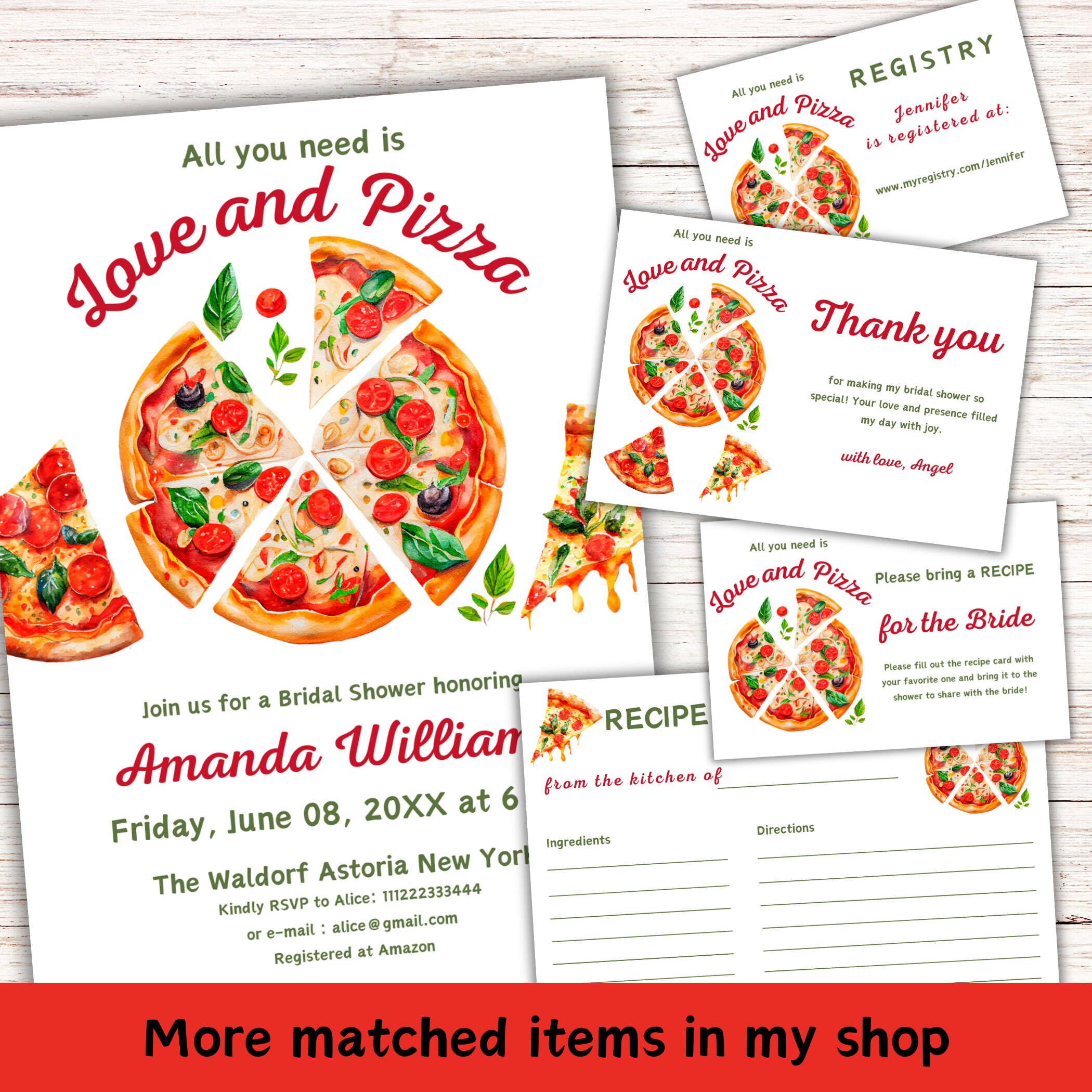 Love and Pizza Italian Bridal Shower Recipe Card, Italy Theme Canva ...