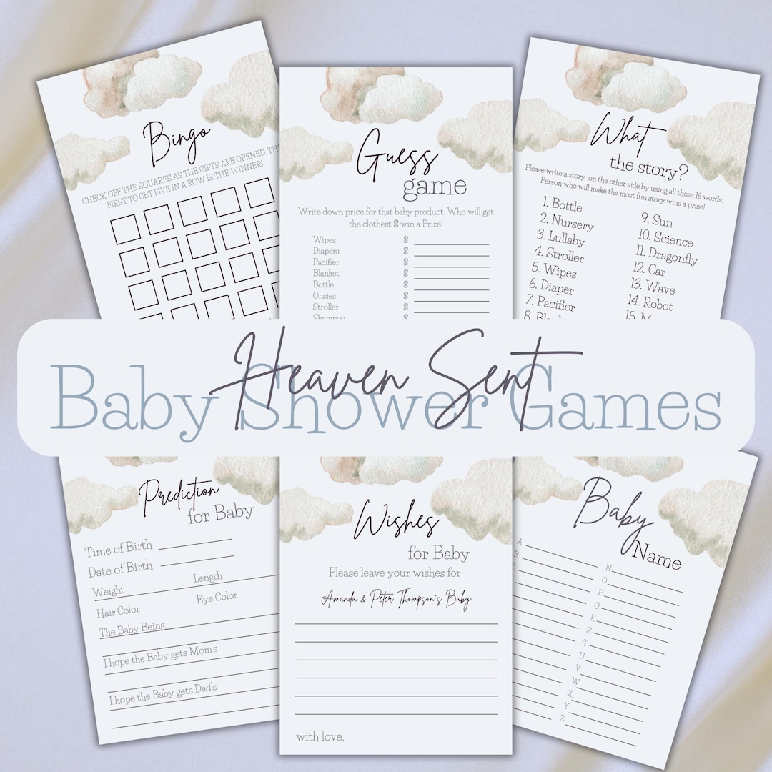 Heaven Sent Baby Shower Game Bundle Digital Template, Cloud Nine Wishes ...