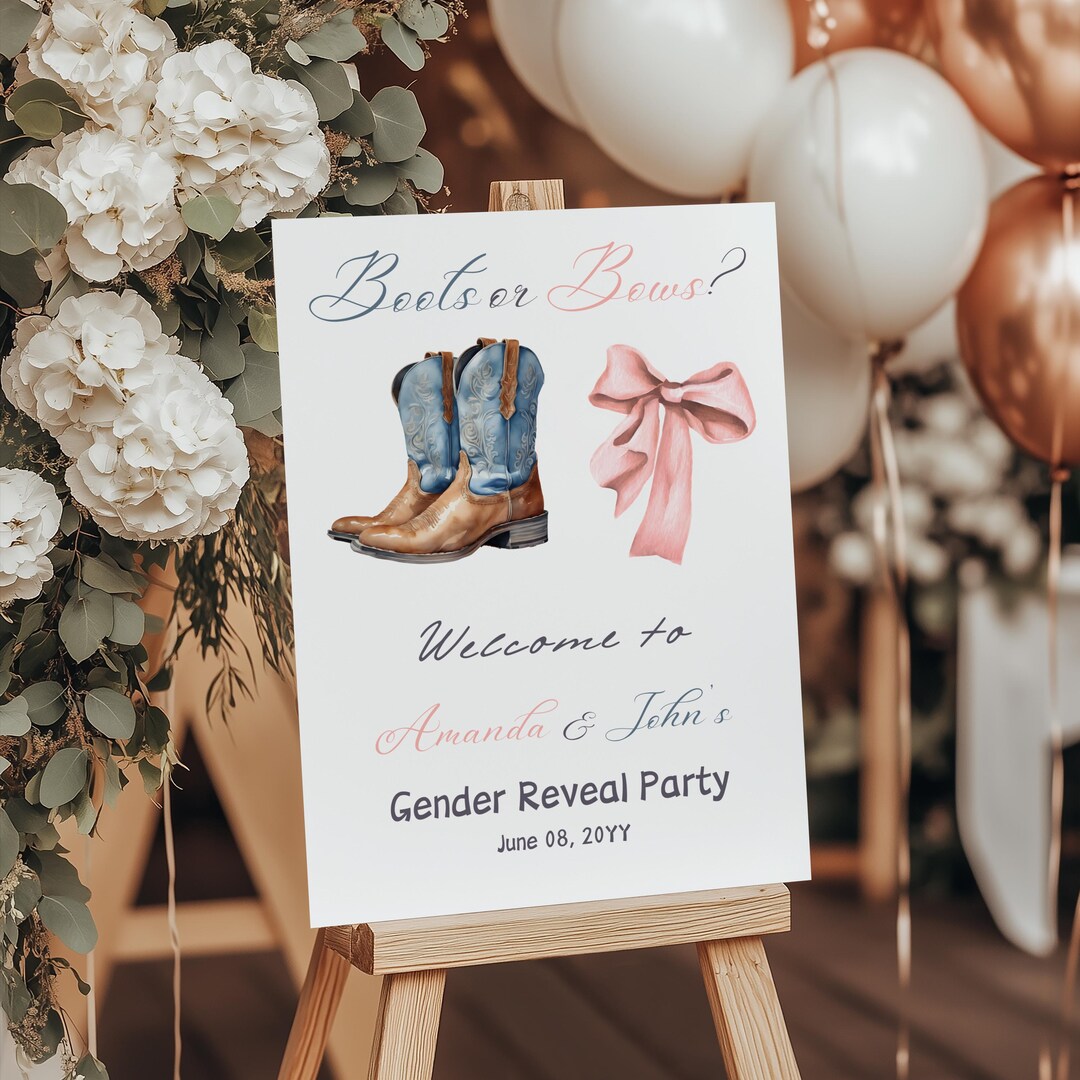 Boots or Bows Gender Reveal Welcome Sign, He or She Gender Reveal Sing ...