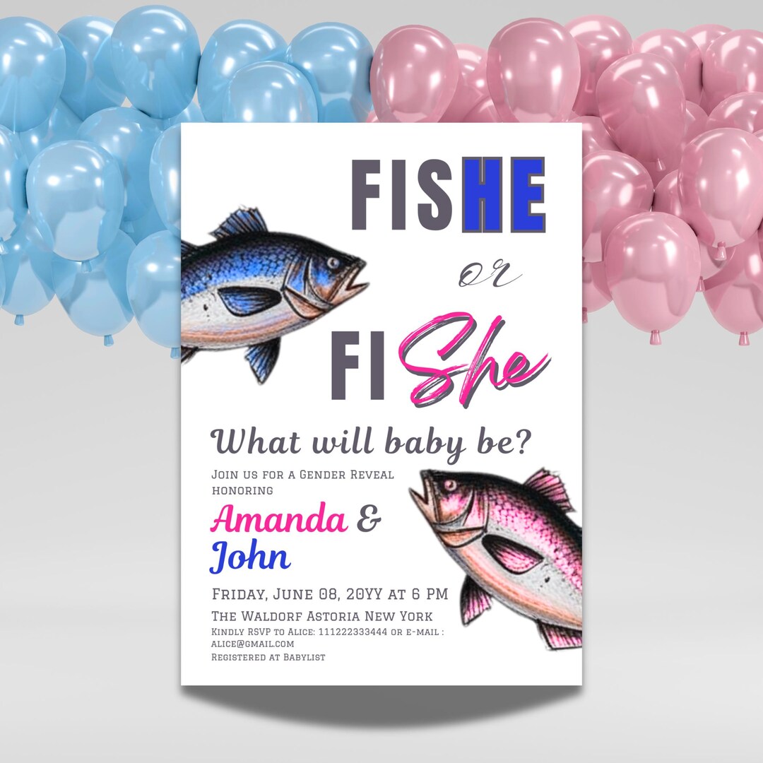Fishing Gender Reveal Invitation Digital Template He or She Fish Invite ...
