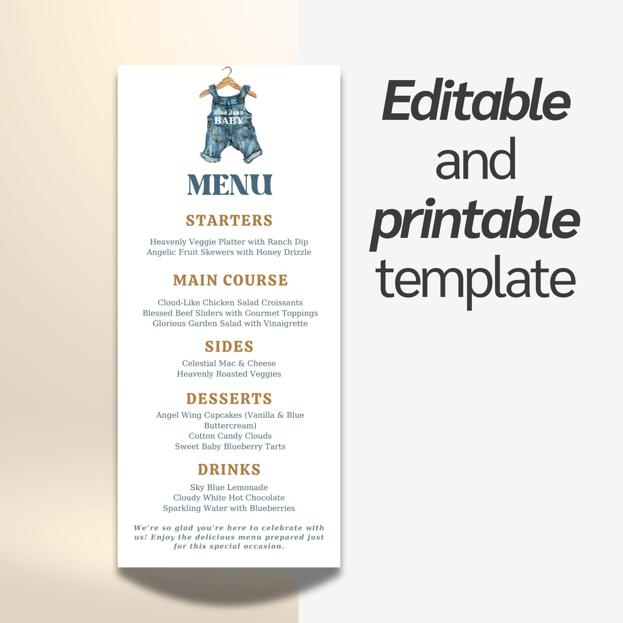 Blue Jean Baby Shower Menu Card: Denim Boy Clothesline Design (digital ...