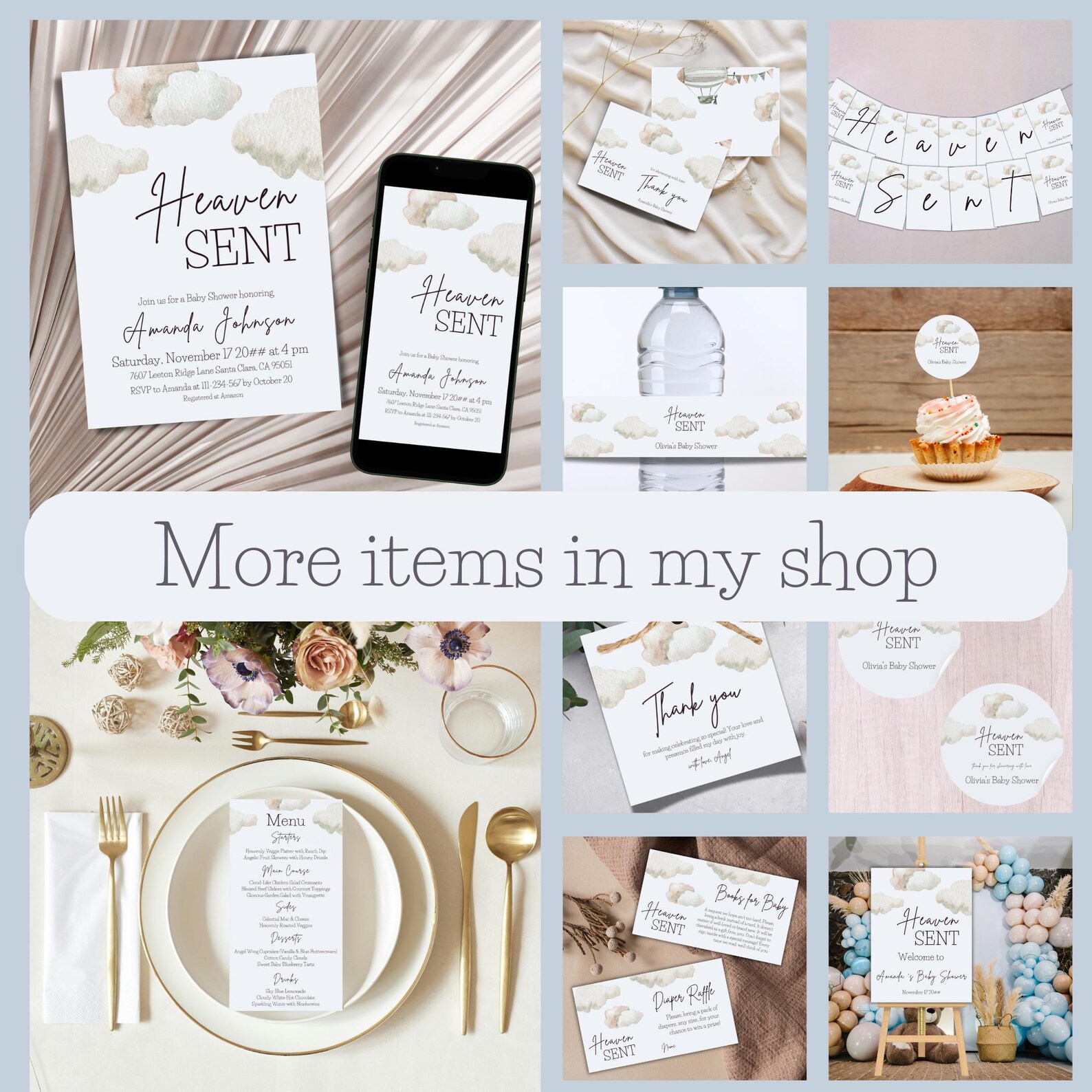 Heaven Sent Baby Shower Game Bundle Digital Template, Cloud Nine Wishes ...