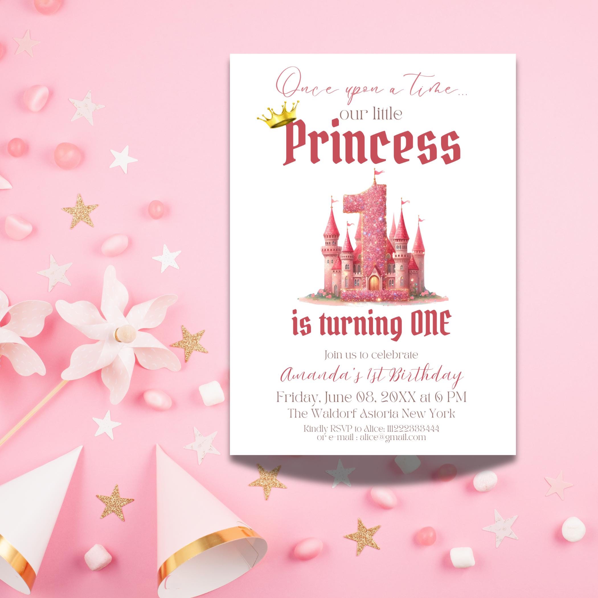 Little Princess 1st Birthday Invitation With Pink Castle for a ...