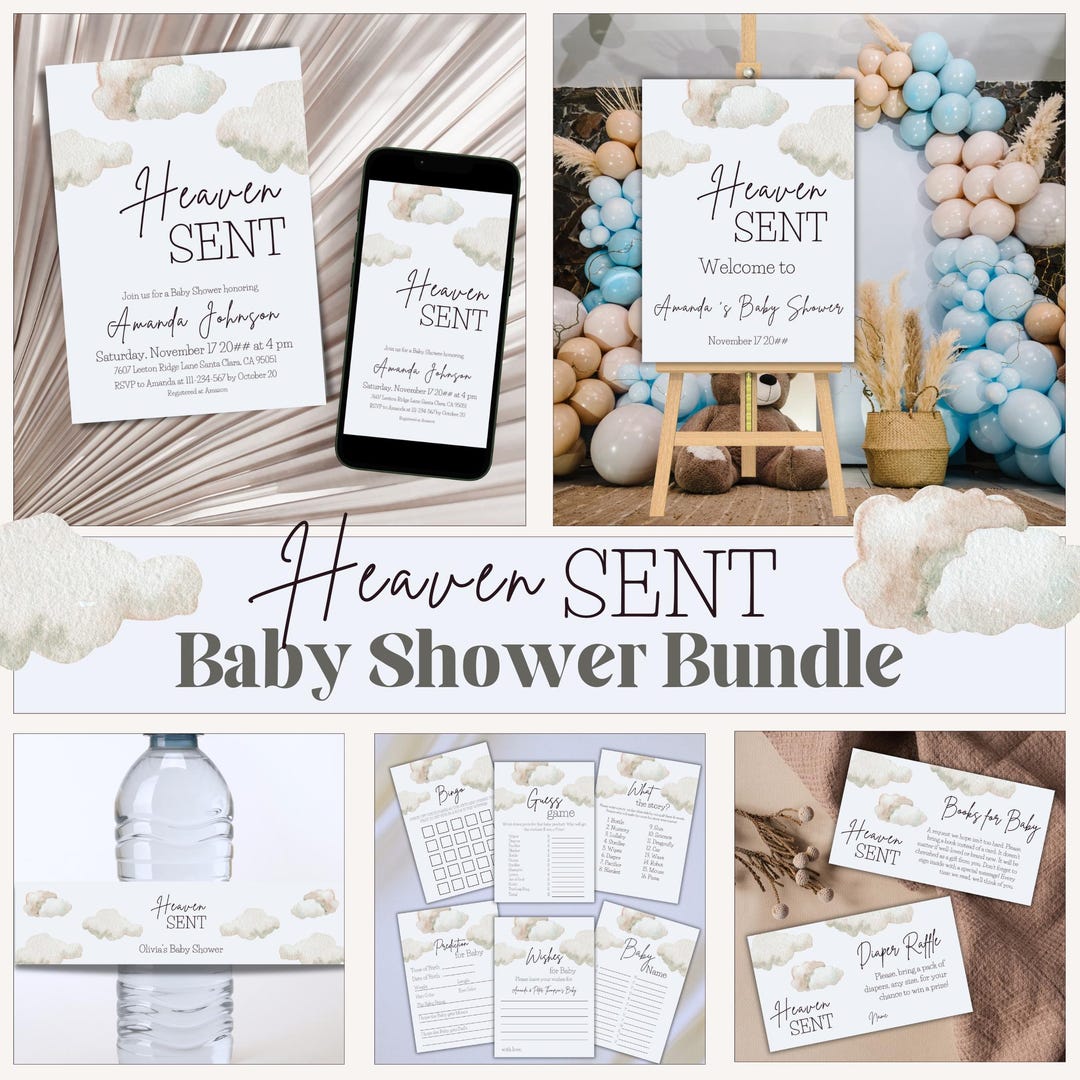 Heaven Sent Baby Shower Invitation Bundle Digital Templates Dreamy Blue ...