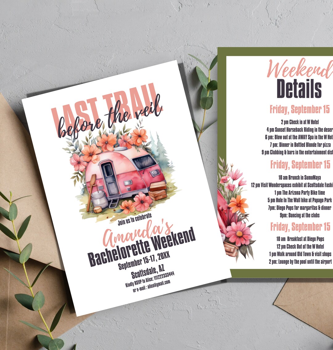 Glamping Invitation Cabin Bachelorette Party Weekend Itinerary Template ...