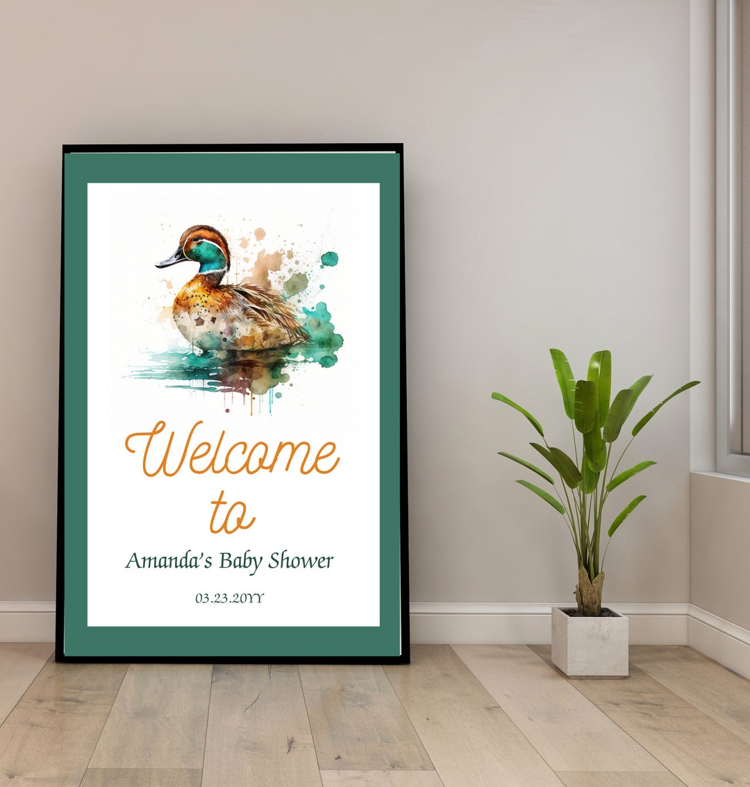 Green Framed Mallard Duck Baby Shower Sign Welcome Sign Canva Template ...