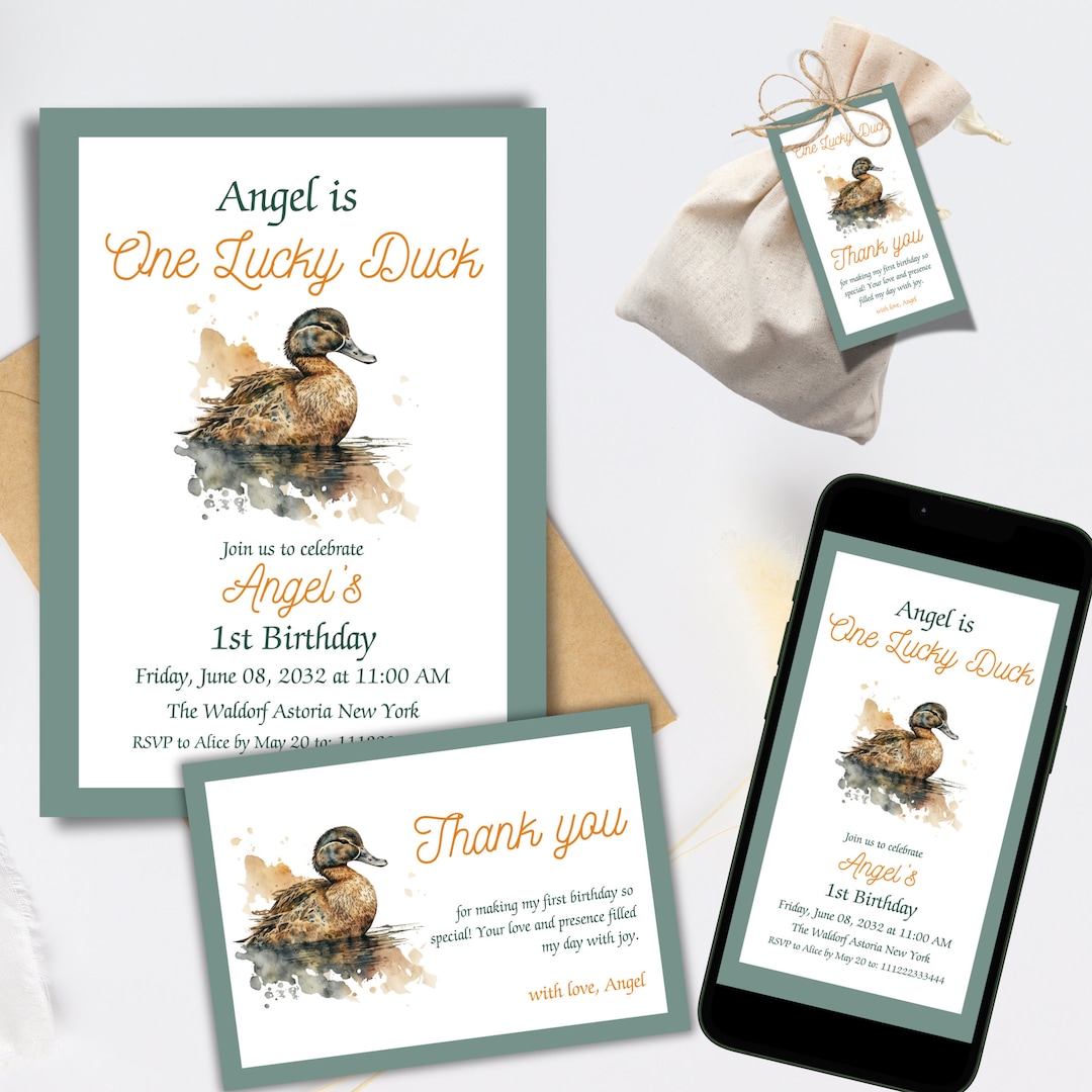 One Lucky Duck 1st Birthday Invitation Bundle, Duck Hunting Invite ...