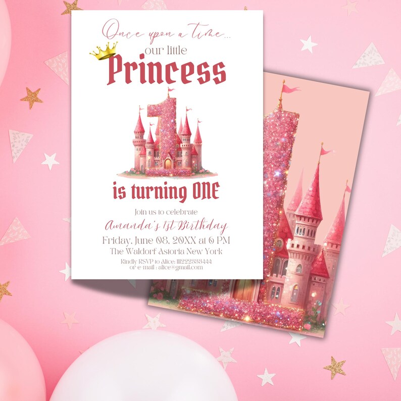 Little Princess 1st Birthday Invitation With Pink Castle for a ...