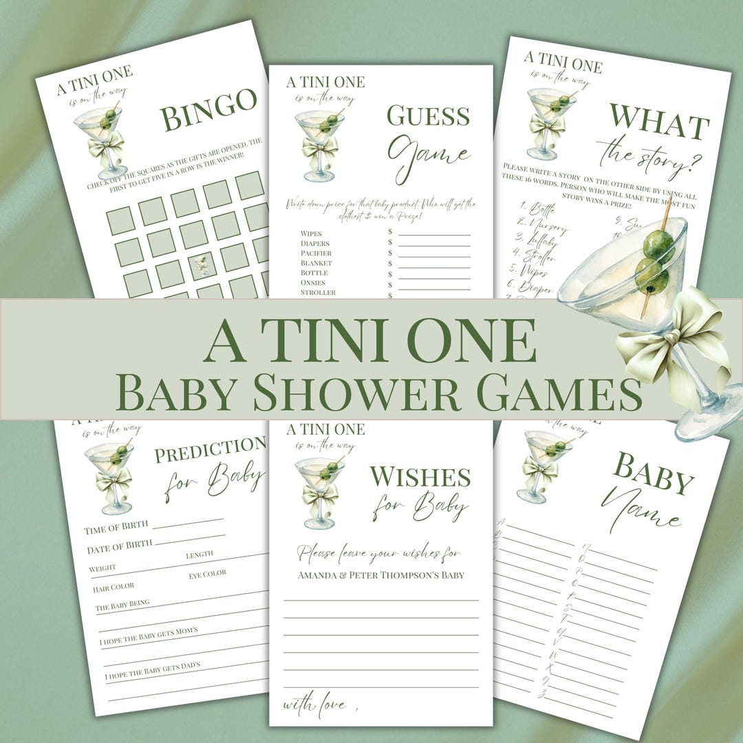 Tini ONE Baby Shower Games, Tiny is on the Way Olive Green Martini Baby ...