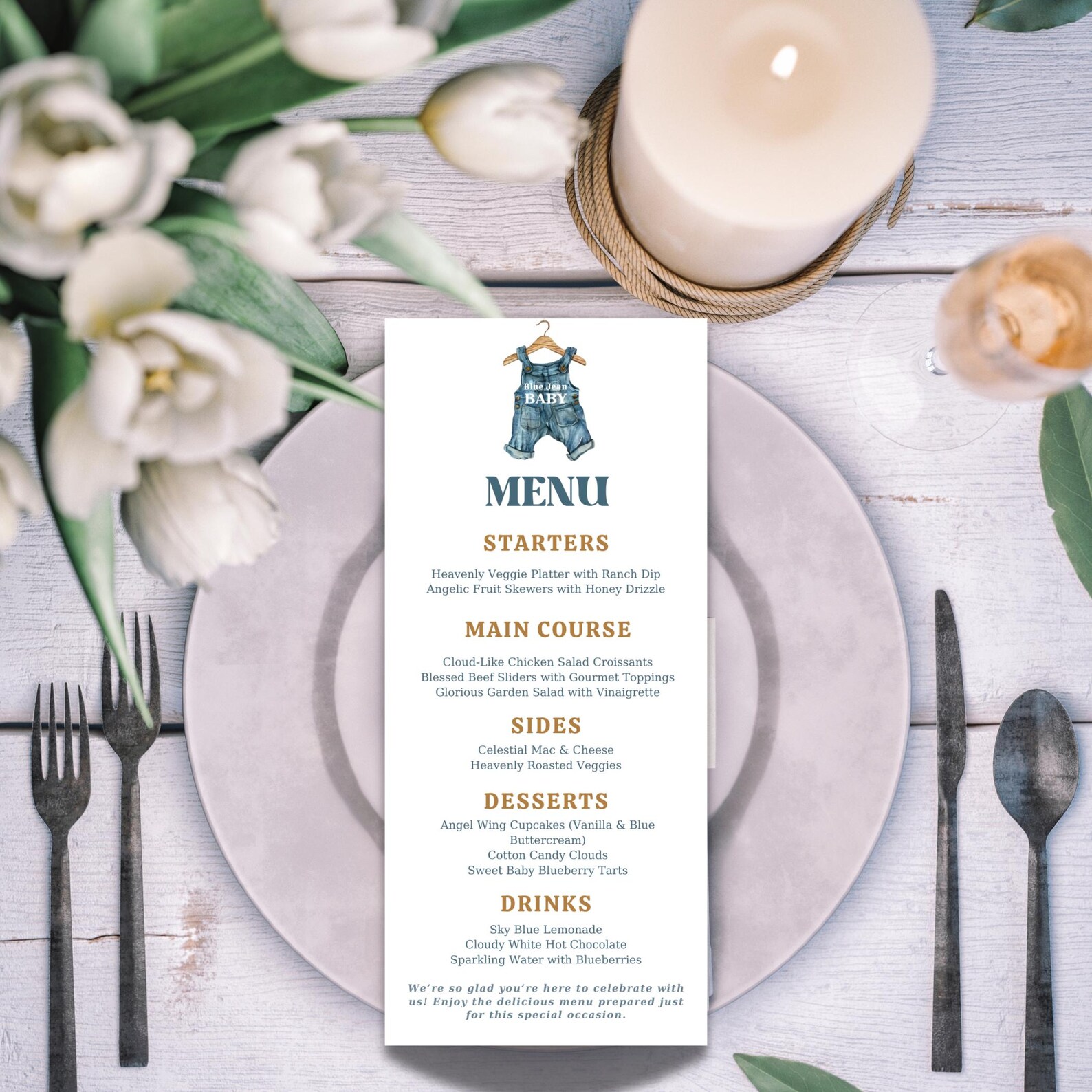 Blue Jean Baby Shower Menu Card: Denim Boy Clothesline Design (digital ...