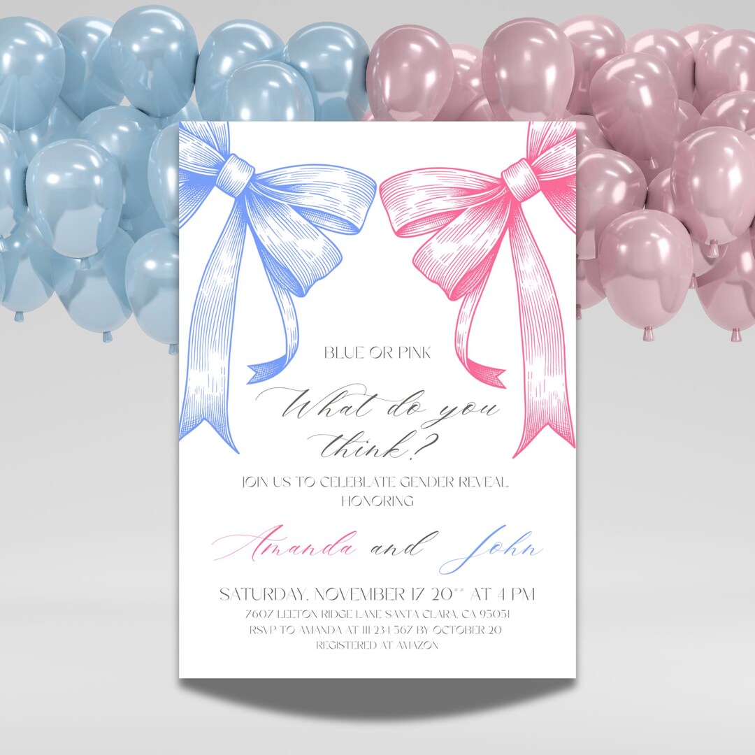 Gender Reveal Invitation Template, Printable Blue or Pink Coquette Bows ...