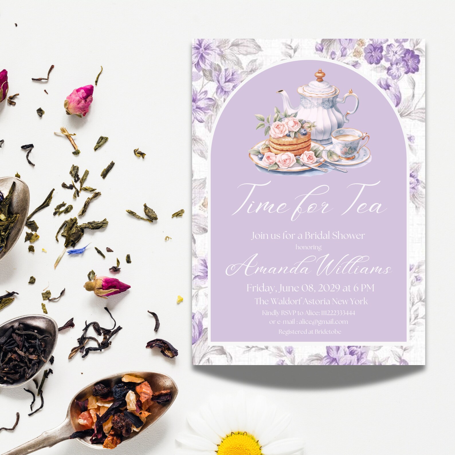 Editable Tea Party Bridal Shower Canva Template Invite, Floral Purple ...