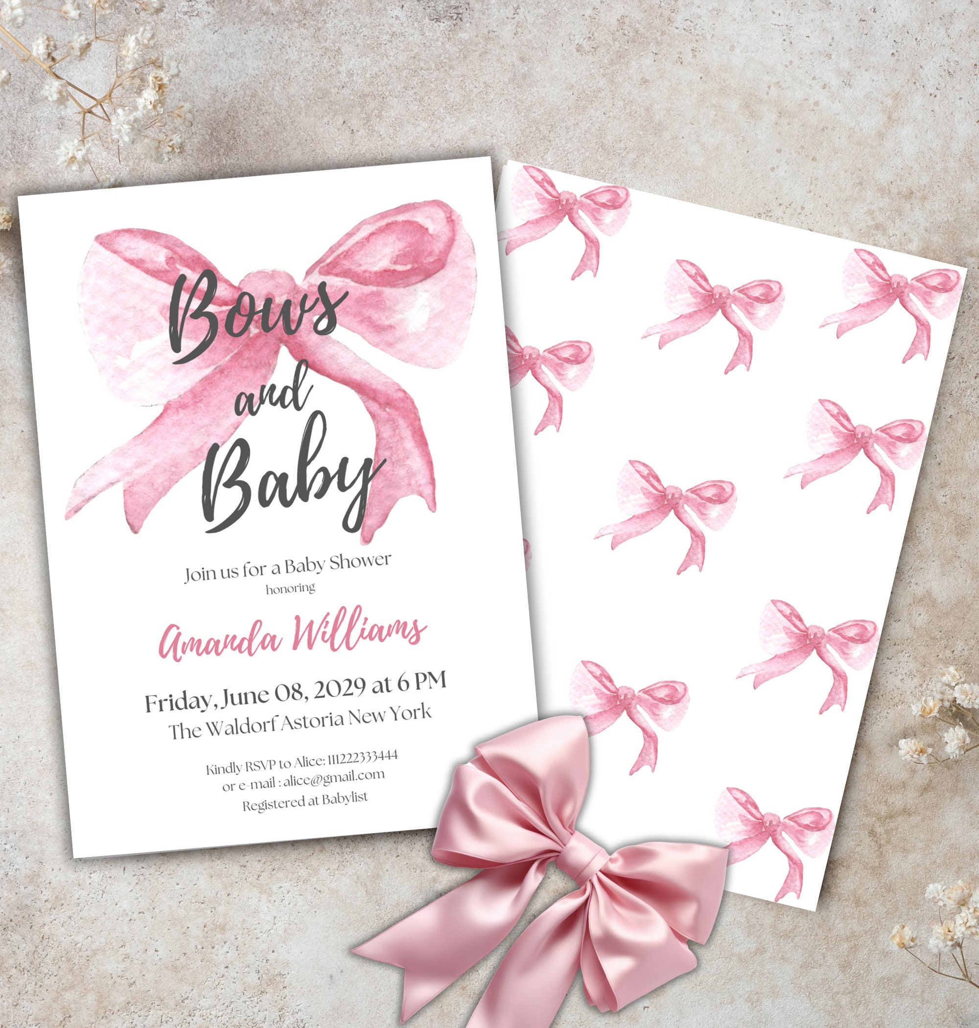 Editable Pink Bows and Baby Shower Invitation Template, Printable It's ...