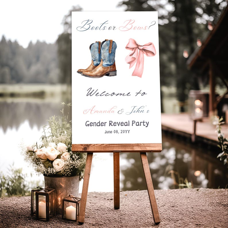 Boots or Bows Gender Reveal Welcome Sign, He or She Gender Reveal Sing ...