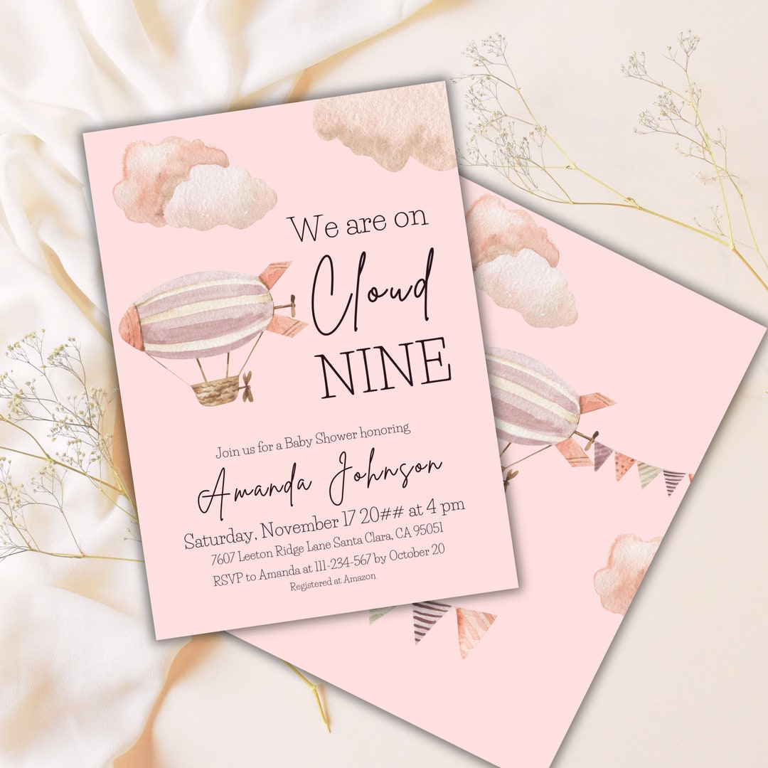 Cloud Nine Girl Baby Shower Invitation Card, Dreamy We're on Cloud 9 ...
