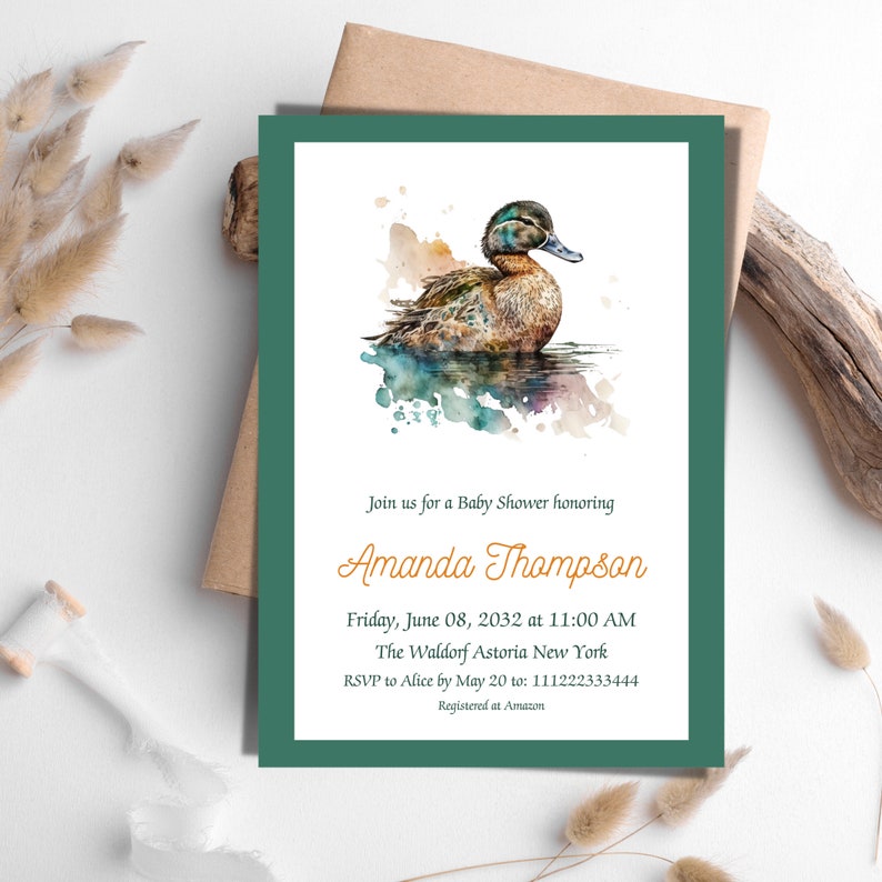 Mallard Duck Baby Shower Invitation Canva Template, Green Baby Shower ...